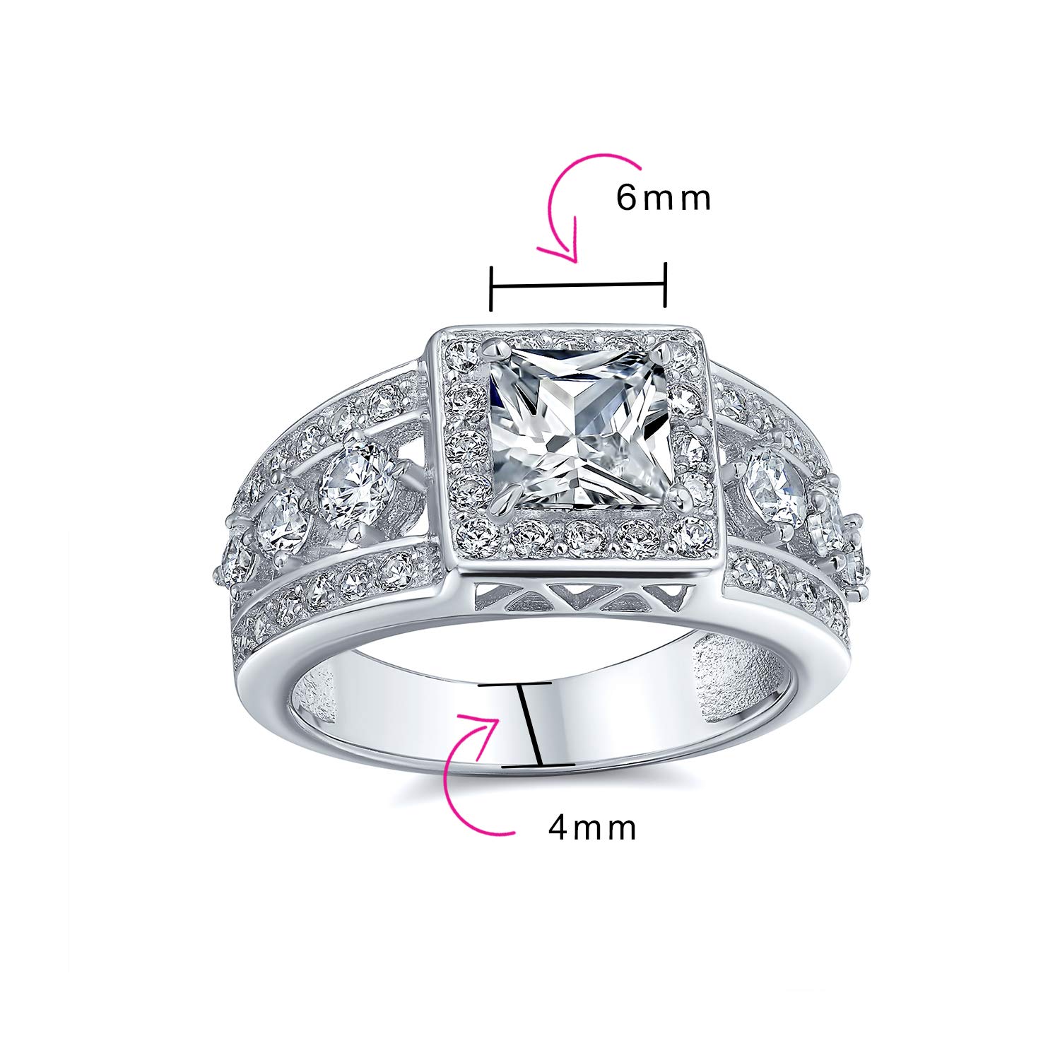 Bling Jewelry Personalize Square Cut Halo AAA CZ Art Deco Style Princess Engagement Ring For Women Wide 3 Row Band .925 Sterling Silver Promise Ring Custom Engraved