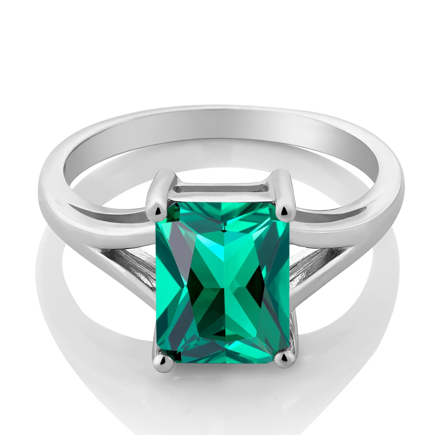 Gem Stone King 925 Sterling Silver Green Nano Emerald Solitaire Engagement Ring For Women (2.30 Cttw, Emerald Cut 9X7MM, Gemstone May Birthstone, Available in Size 5,6,7,8,9)