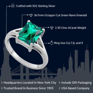 Gem Stone King 925 Sterling Silver Green Nano Emerald Solitaire Engagement Ring For Women (2.30 Cttw, Emerald Cut 9X7MM, Gemstone May Birthstone, Available in Size 5,6,7,8,9)