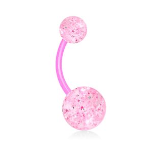 forbidden body jewelry belly button rings metal free belly ring bioflex barbell with clear or glitter double balls 14g (pink glitter)