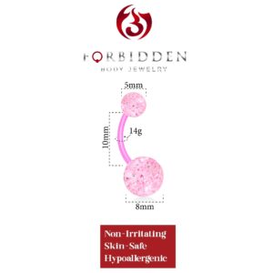 Forbidden Body Jewelry Belly Button Rings Metal Free Belly Ring Bioflex Barbell with Clear or Glitter Double Balls 14G (Pink Glitter)