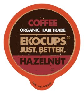 ekocups organic hazelnut flavored coffee pods, extra 30% more coffee per cup, artisan fair trade medium roast, hazelnut coffee k cups for keurig k cup machines, recyclable pods, 40 count