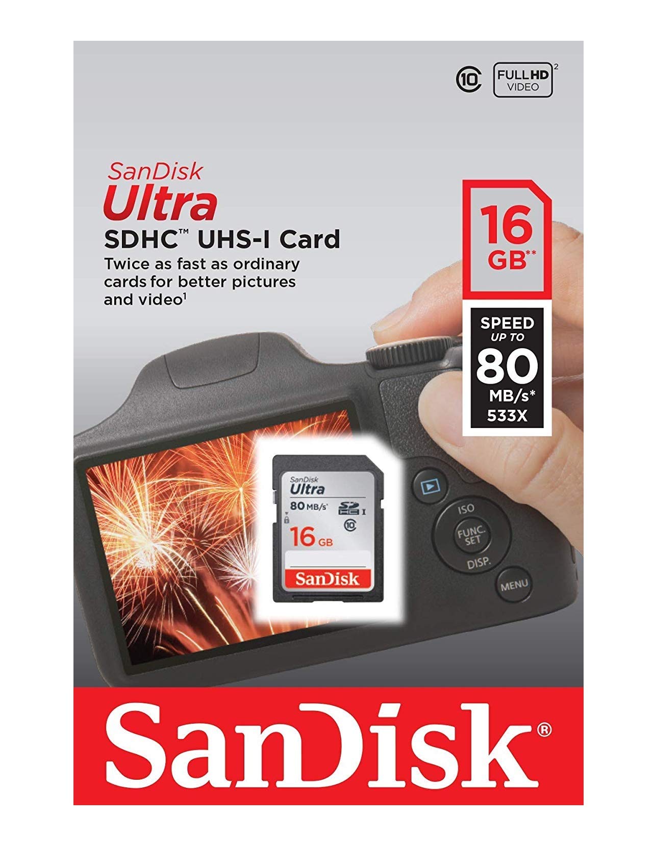 SanDisk Ultra 16GB Class 10 SDHC Memory Card Up to 80MB/S- SDSDUN-008G-G46 [Newest Version]