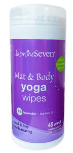 yoga wipes for body and mat - natural lavender and tea tree - 45 wipes in resealable canister - by jasmine seven - for home, studio, gym, spa