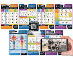 gym workout posters - set of 7 - laminated - extra large 33" x 23.5" - exercise posters - gym or home workout charts - includes video training support