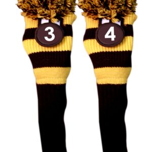 Majek #3 & #4 Hybrid Combo Pack Rescue Utility Black & Yellow Golf Headcover Knit Pom Pom Retro Classic Vintage Head Cover