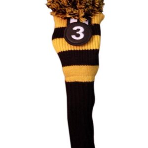 Majek #3 & #4 Hybrid Combo Pack Rescue Utility Black & Yellow Golf Headcover Knit Pom Pom Retro Classic Vintage Head Cover