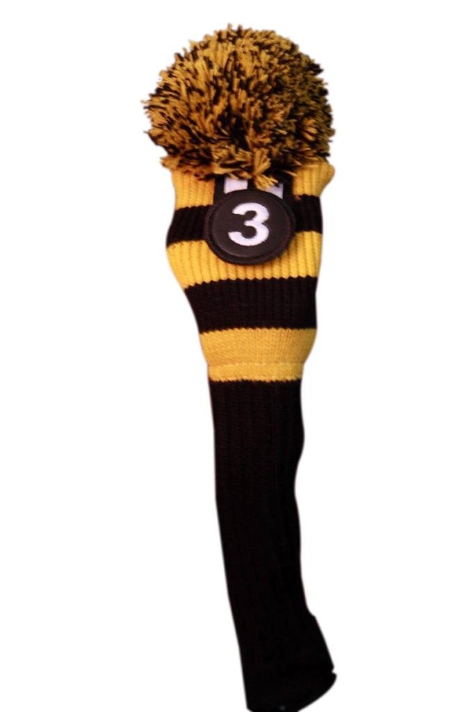 Majek #3 & #4 Hybrid Combo Pack Rescue Utility Black & Yellow Golf Headcover Knit Pom Pom Retro Classic Vintage Head Cover