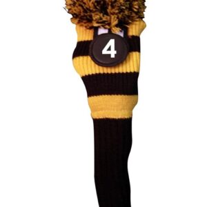 Majek #3 & #4 Hybrid Combo Pack Rescue Utility Black & Yellow Golf Headcover Knit Pom Pom Retro Classic Vintage Head Cover