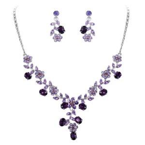 ever faith wedding jewelry for bride, austrian crystal cluster flower leaf bridal pendant necklace earrings sets purple silver-tone