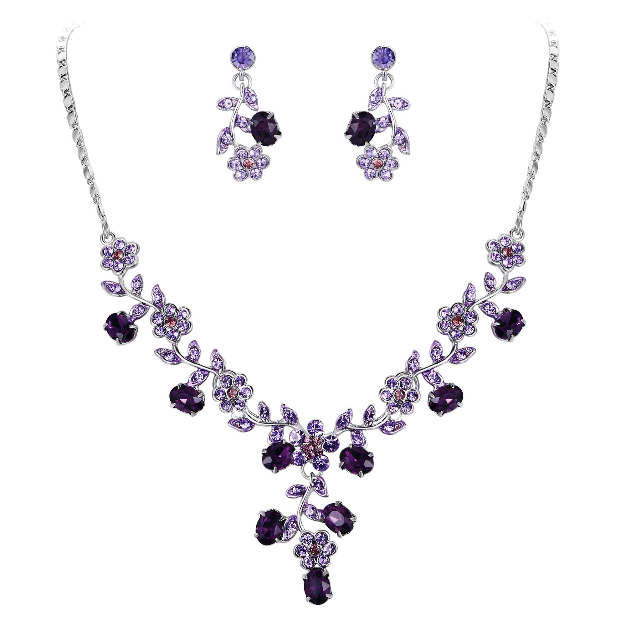 EVER FAITH Wedding Jewelry for Bride, Austrian Crystal Cluster Flower Leaf Bridal Pendant Necklace Earrings Sets Purple Silver-Tone