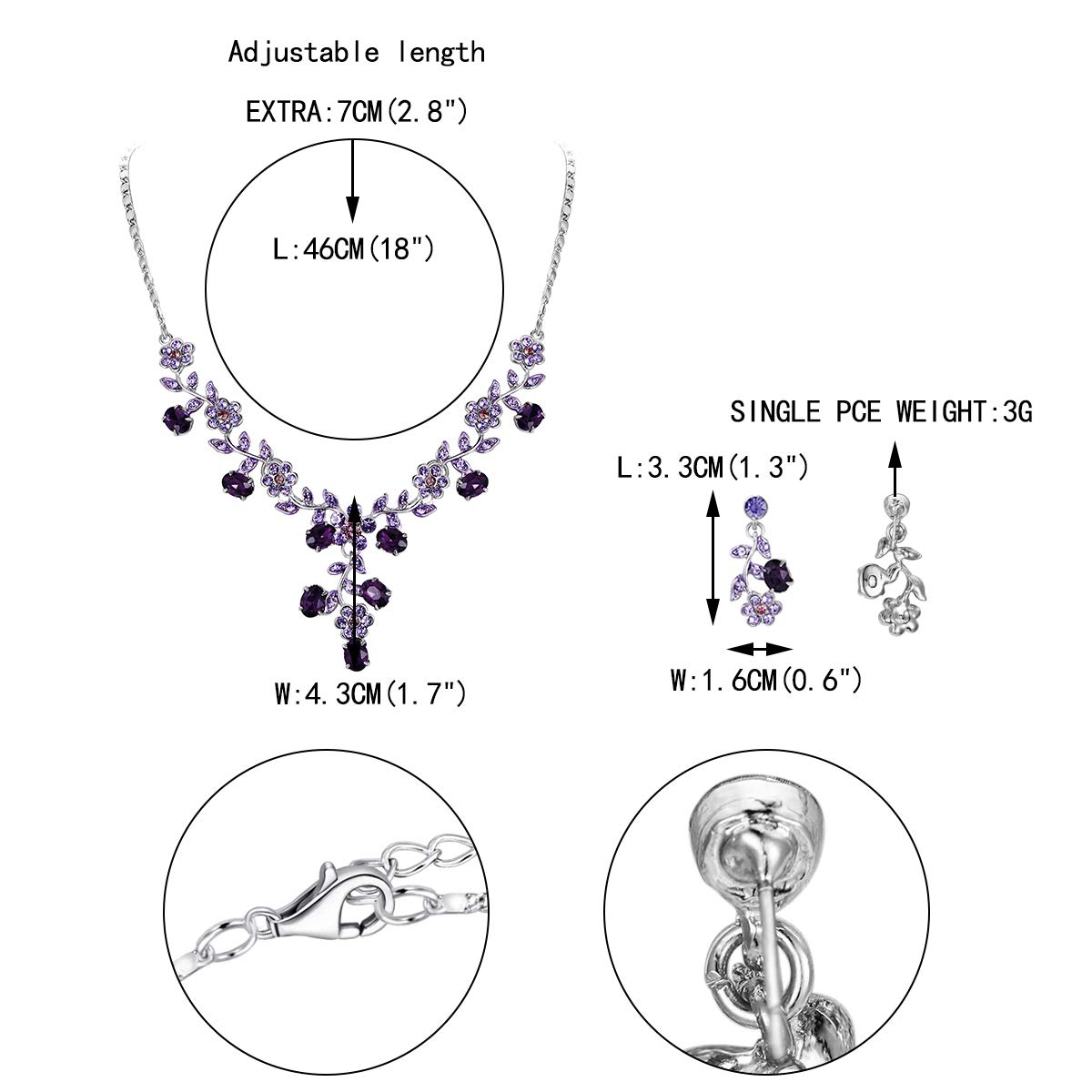 EVER FAITH Wedding Jewelry for Bride, Austrian Crystal Cluster Flower Leaf Bridal Pendant Necklace Earrings Sets Purple Silver-Tone