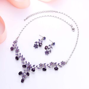 EVER FAITH Wedding Jewelry for Bride, Austrian Crystal Cluster Flower Leaf Bridal Pendant Necklace Earrings Sets Purple Silver-Tone