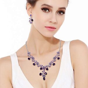 EVER FAITH Wedding Jewelry for Bride, Austrian Crystal Cluster Flower Leaf Bridal Pendant Necklace Earrings Sets Purple Silver-Tone