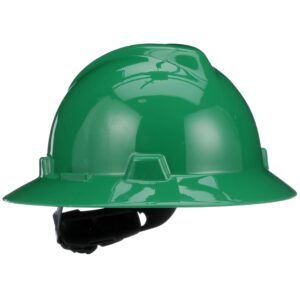 msa 475370 v-gard full-brim hard hat with fas-trac iii ratchet suspension | polyethylene shell, superior impact protection, self adjusting crown-straps - standard size in green