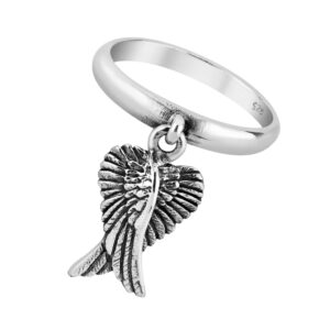 aeravida elegant iconic heart shape angel wing .925 sterling silver dangle ring | statement fashion, promise ring, couple unisex ring | size 7