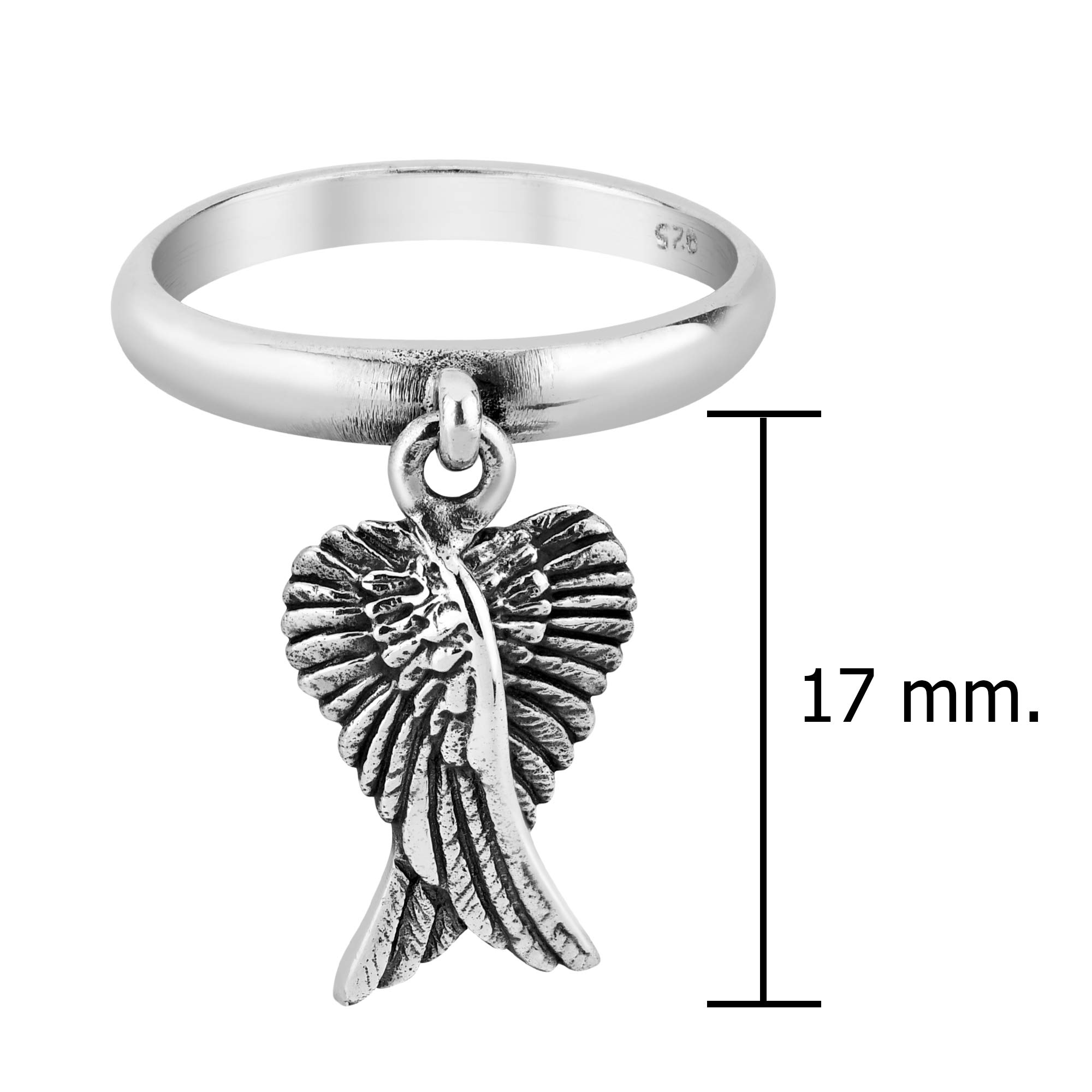 AeraVida Elegant Iconic Heart Shape Angel Wing .925 Sterling Silver Dangle Ring | Statement Fashion, Promise Ring, Couple Unisex Ring | Size 7