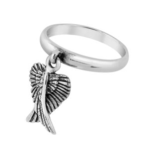 AeraVida Elegant Iconic Heart Shape Angel Wing .925 Sterling Silver Dangle Ring | Statement Fashion, Promise Ring, Couple Unisex Ring | Size 7