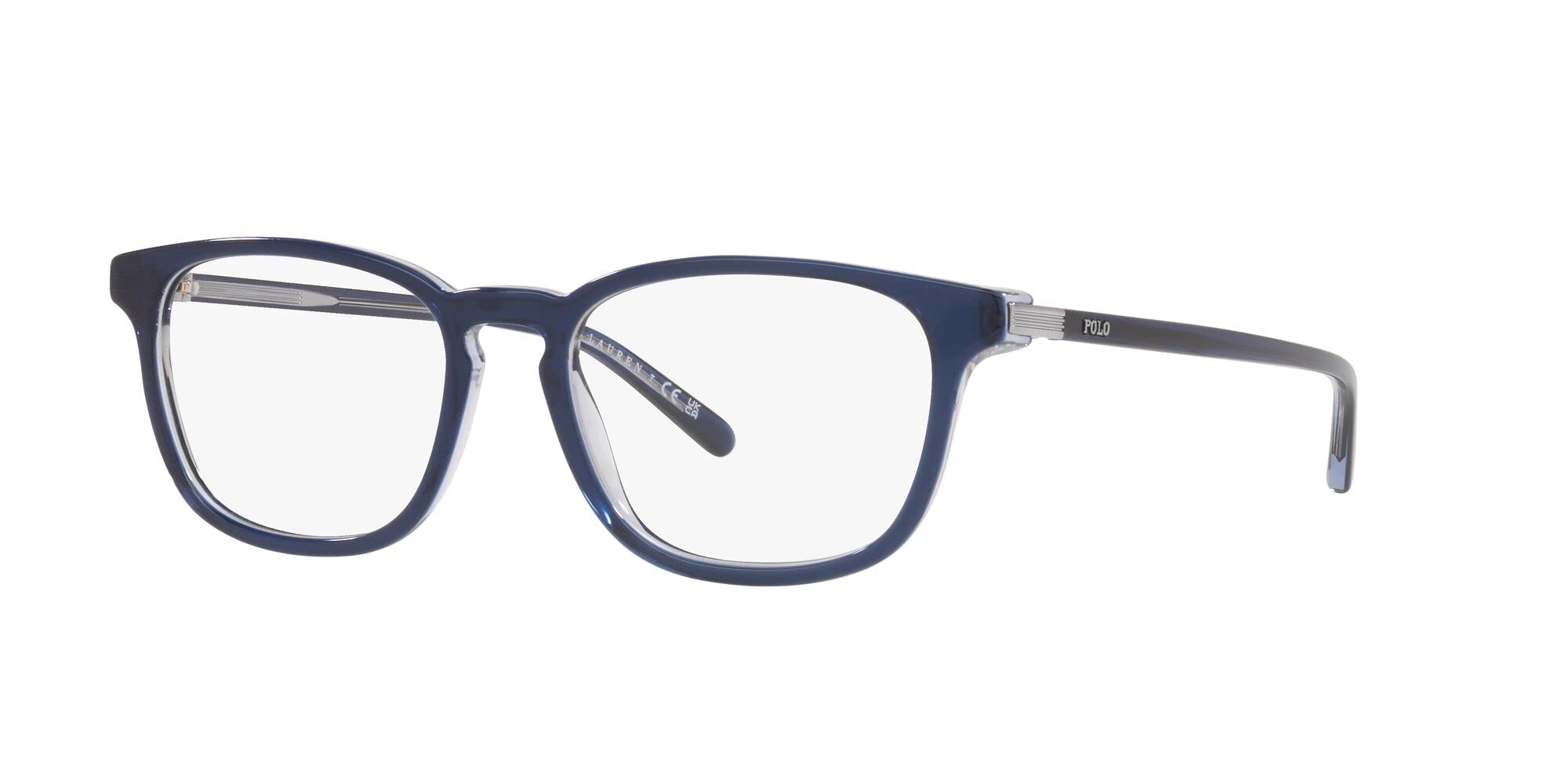 Polo Ralph Lauren Men's PH2117 Rectangular Prescription Eyewear Frames, Shiny Transparent Blue/Demo Lens, 54 mm