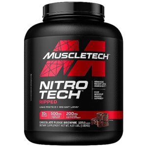 muscletech whey protein powder (chocolate fudge brownie, 4lb) - nitro-tech ripped whey protein isolate & peptides smoothie mix for lean muscle & fast recovery - 30g of whey protein for women & men