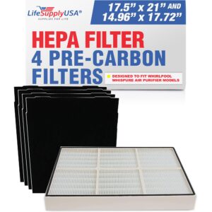 aftermarket hepa filter and 4 pre-carbon filters compatible with whirlpool whispure air purifier models ap450 ap510 ap45030ho; replaces part # 1183054 - by lifesupplyusa