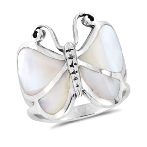 aeravida captivating butterfly motif white mop statement .925 sterling silver ring | statement fashion, promise ring, couple unisex ring | jewelry gift for all occasions | size 8