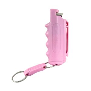 pepper defense 4-in-1 stream pepper spray pink - belt clip holster with quick release keychain - maximum strength formula with 10% oc, cs, cn, marking dye (pink pepper spray)