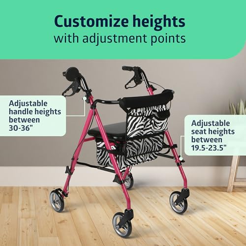 Medline Posh Premium Lightweight Aluminum Rollator Walker, Pink & Zebra Print, 250 lb. Weight Capacity, 6” Wheels, Water Resistant, Foldable, Rolling Walker for Seniors