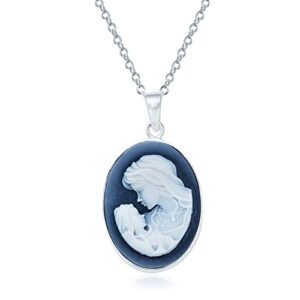 classic antique estate jewelry style blue white carved oval simple framed victorian lady portrait mother and child cameo pendant necklace for women wife .925 sterling silver