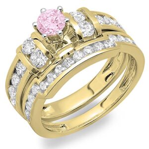 dazzlingrock collection 14k pink sapphire & white diamond women engagement ring wedding band set, yellow gold, size 8.5