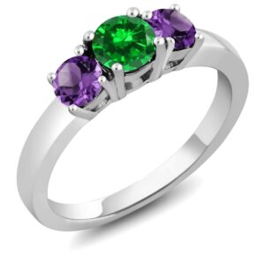 gem stone king 1.34 cttw green simulated emerald and purple amethyst 3-stone ring for women set in 925 sterling silver | gemstone birthstone | available in size 5,6,7,8,9