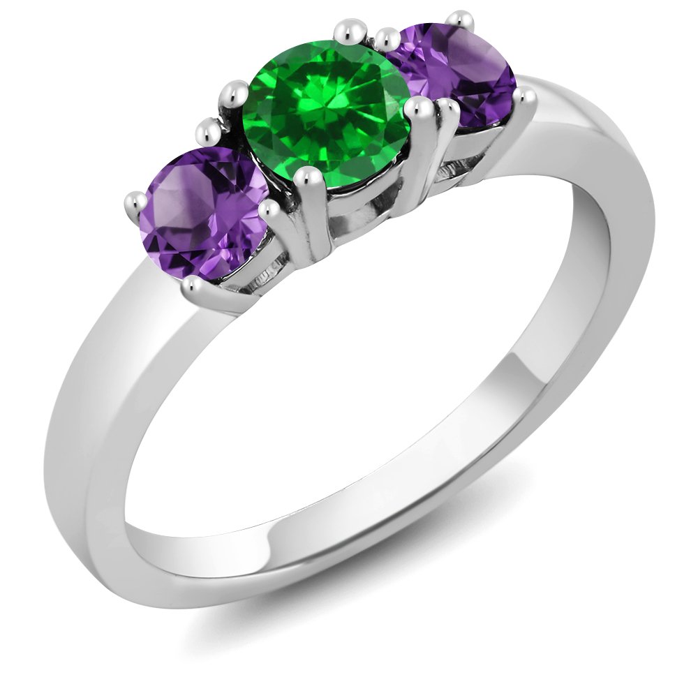 Gem Stone King 1.34 Cttw Green Simulated Emerald and Purple Amethyst 3-Stone Ring For Women Set In 925 Sterling Silver | Gemstone Birthstone | Available In Size 5,6,7,8,9