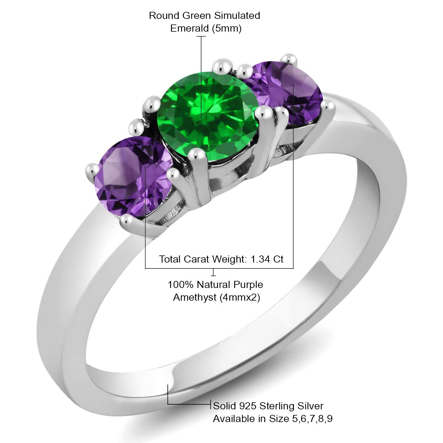 Gem Stone King 1.34 Cttw Green Simulated Emerald and Purple Amethyst 3-Stone Ring For Women Set In 925 Sterling Silver | Gemstone Birthstone | Available In Size 5,6,7,8,9