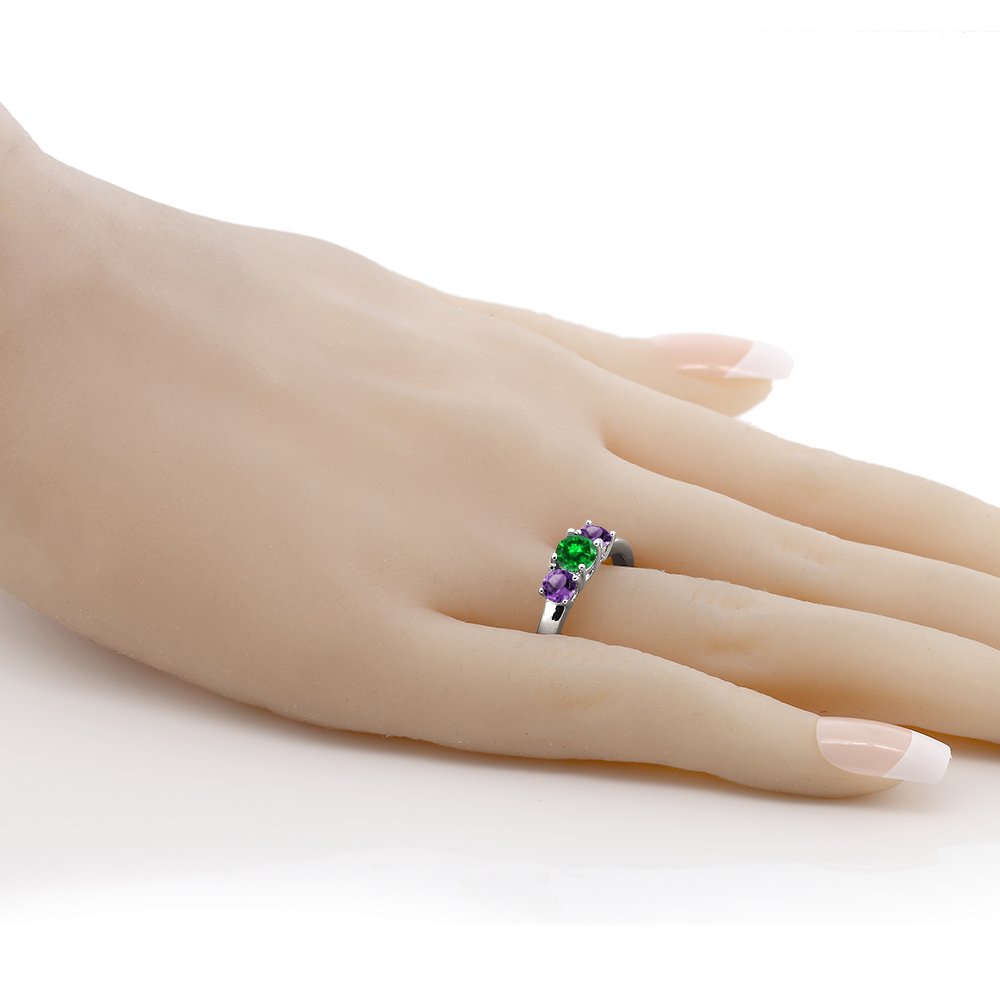 Gem Stone King 1.34 Cttw Green Simulated Emerald and Purple Amethyst 3-Stone Ring For Women Set In 925 Sterling Silver | Gemstone Birthstone | Available In Size 5,6,7,8,9