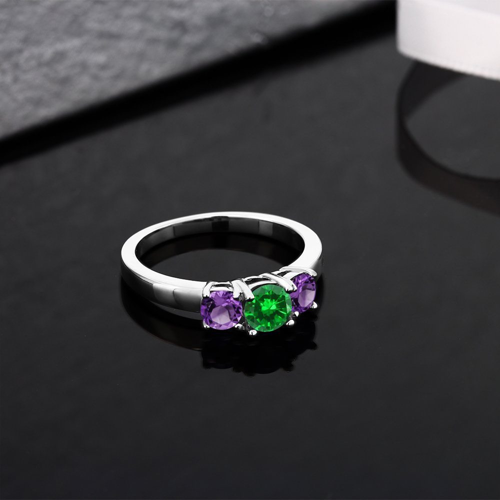 Gem Stone King 1.34 Cttw Green Simulated Emerald and Purple Amethyst 3-Stone Ring For Women Set In 925 Sterling Silver | Gemstone Birthstone | Available In Size 5,6,7,8,9