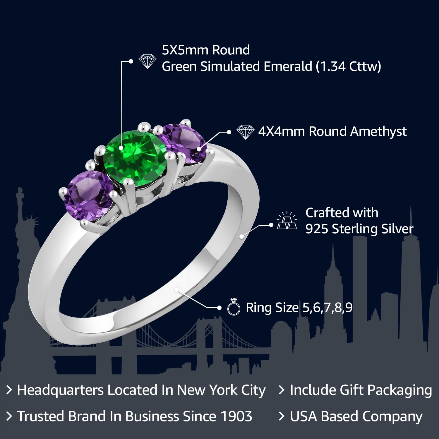 Gem Stone King 1.34 Cttw Green Simulated Emerald and Purple Amethyst 3-Stone Ring For Women Set In 925 Sterling Silver | Gemstone Birthstone | Available In Size 5,6,7,8,9