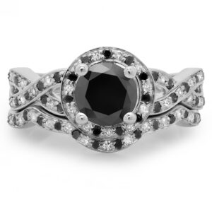 Dazzlingrock Collection 1.60 Carat (Cttw) 14K Black and White Diamond Halo Engagement Ring Set, White Gold, Size 7