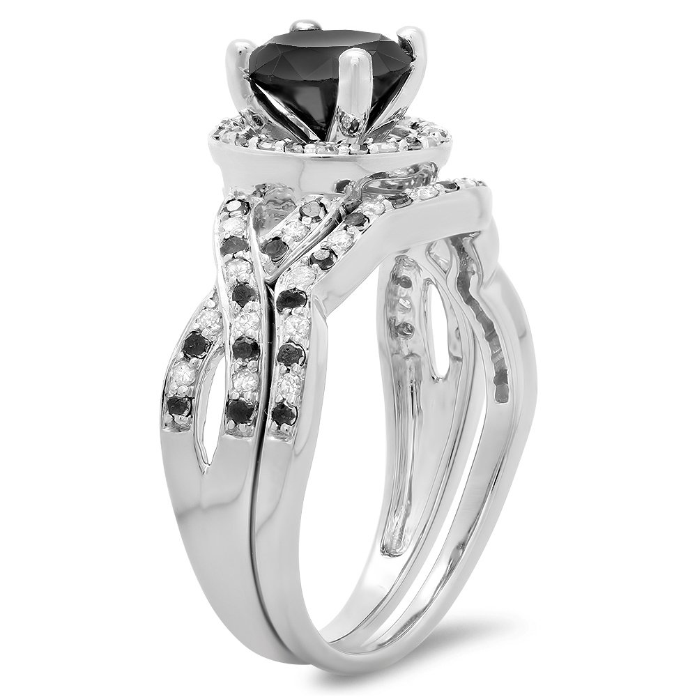 Dazzlingrock Collection 1.60 Carat (Cttw) 14K Black and White Diamond Halo Engagement Ring Set, White Gold, Size 7