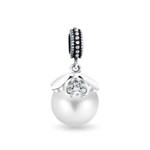 vintage style heart cap white simulated pearl dangle charm bead for women .925 sterling silver fits european bracelet