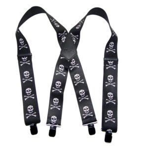 holdup suspender company 2" wide biker skull & crossbones suspenders for men with patented jumbo black metal no-slip clips