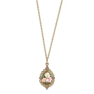 1928 jewelry pink crystal and ivory and pink porcelain rose pendant necklace for women 16" + 3" extender