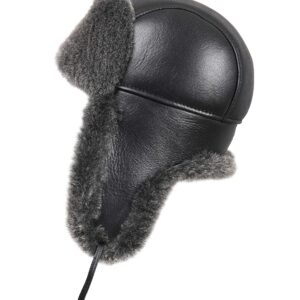 Zavelio Unisex Shearling Sheepskin Leather Aviator Russian Ushanka Trapper Winter Fur Hat Large Black