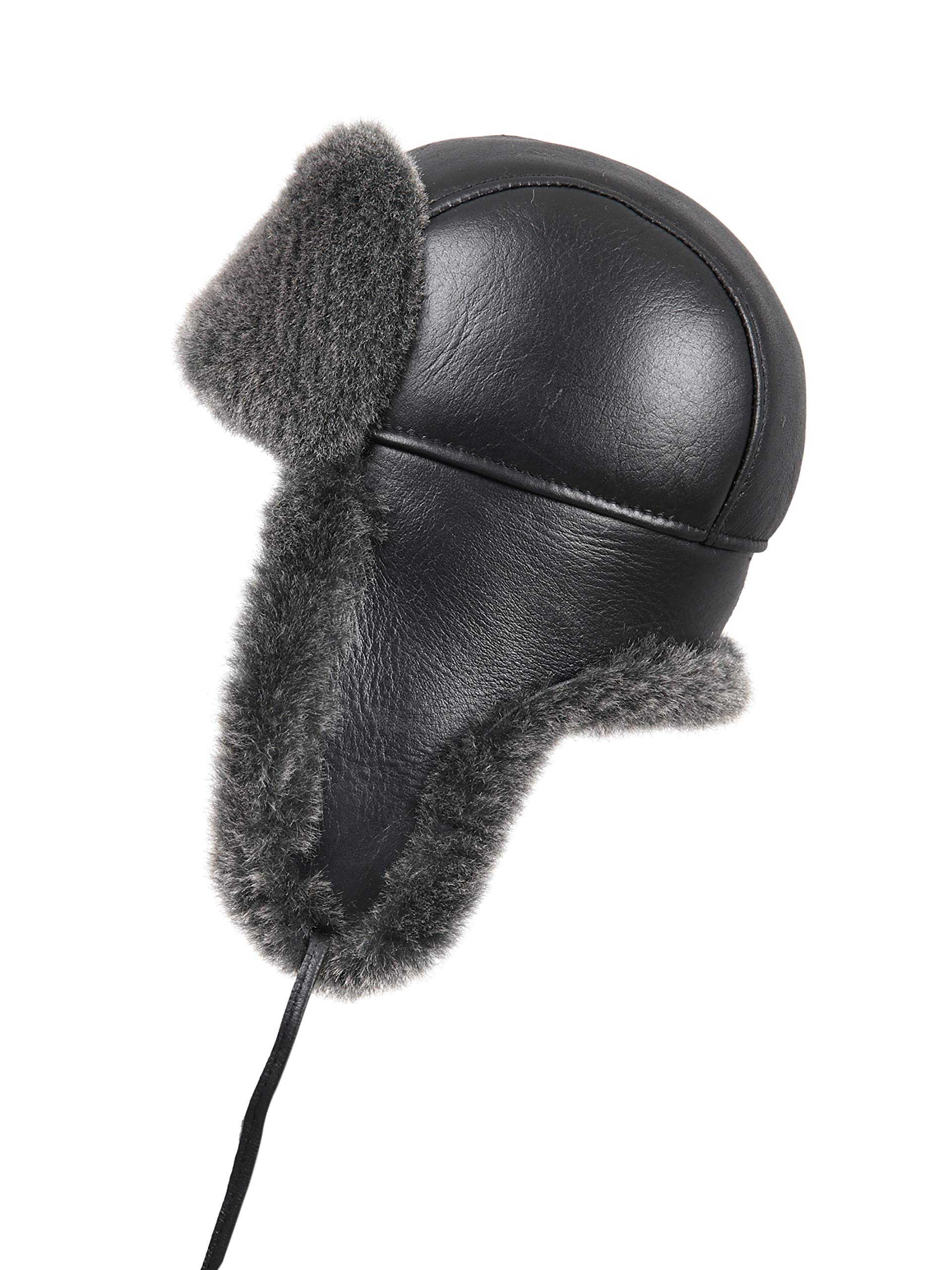 Zavelio Unisex Shearling Sheepskin Leather Aviator Russian Ushanka Trapper Winter Fur Hat Large Black