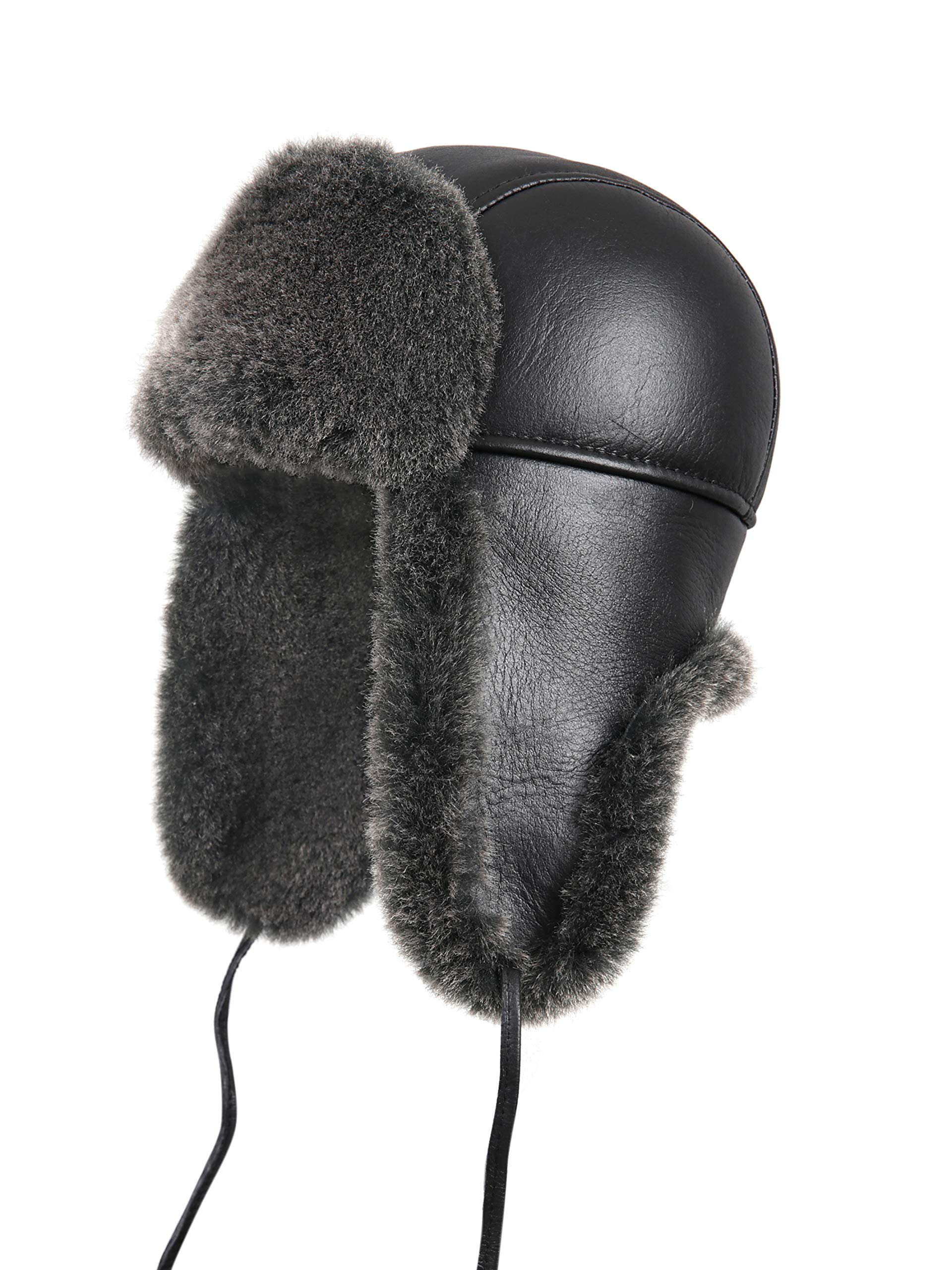 Zavelio Unisex Shearling Sheepskin Leather Aviator Russian Ushanka Trapper Winter Fur Hat Large Black