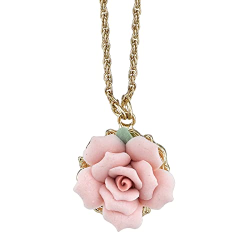 1928 Jewelry Genuine Pink Porcelain Rose Pendant Necklace For Women 16" + 3" Extender