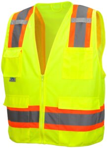 pyramex class 2 surveyor's safety vest with 6 pockets, hi-vis lime, xl