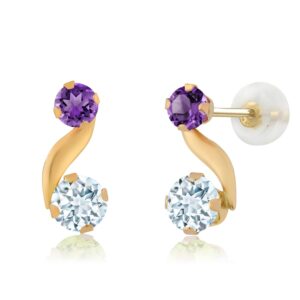 gem stone king 14k yellow gold sky blue aquamarine and purple amethyst earrings for women |0.64 cttw | gemstone birthstone | round 4mm and 3mm