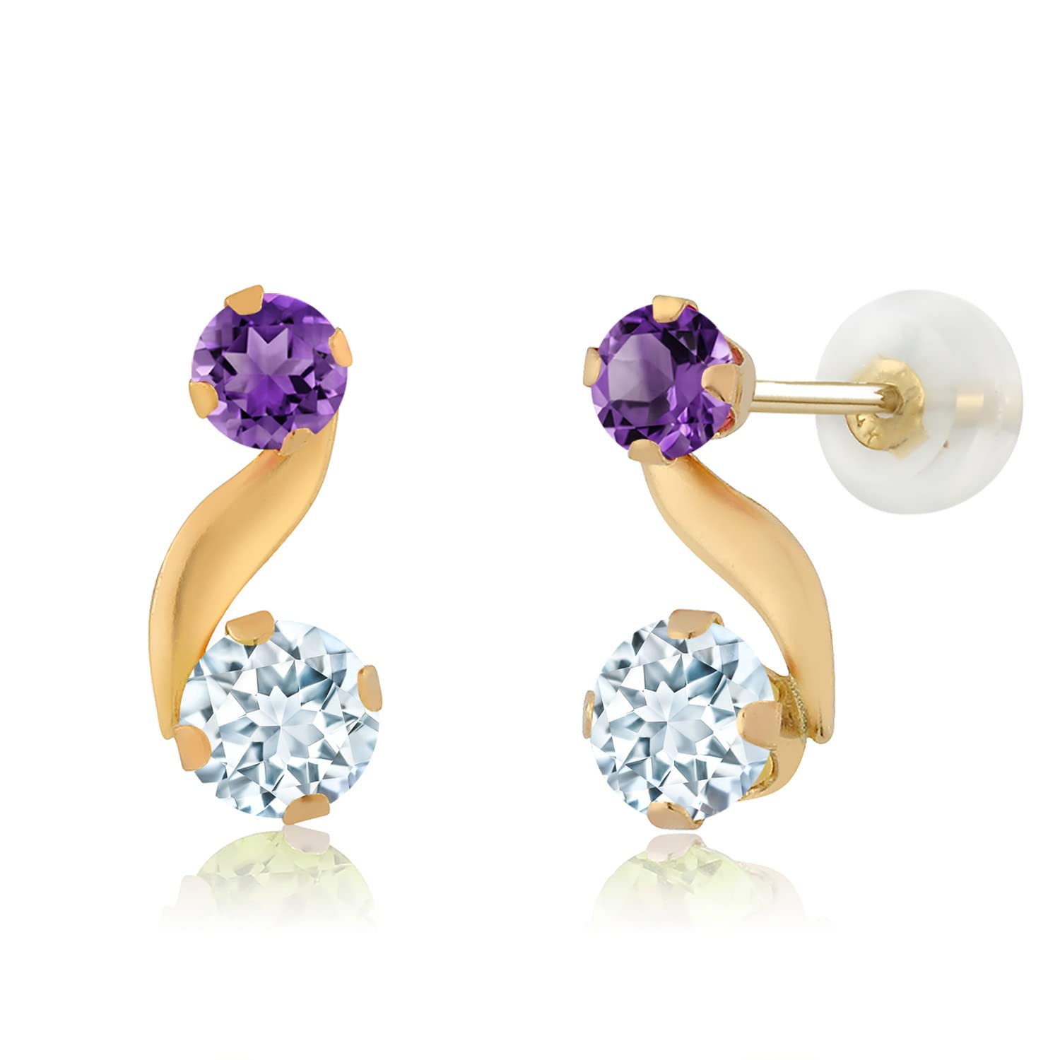 Gem Stone King 14K Yellow Gold Sky Blue Aquamarine and Purple Amethyst Earrings For Women |0.64 Cttw | Gemstone Birthstone | Round 4MM and 3MM