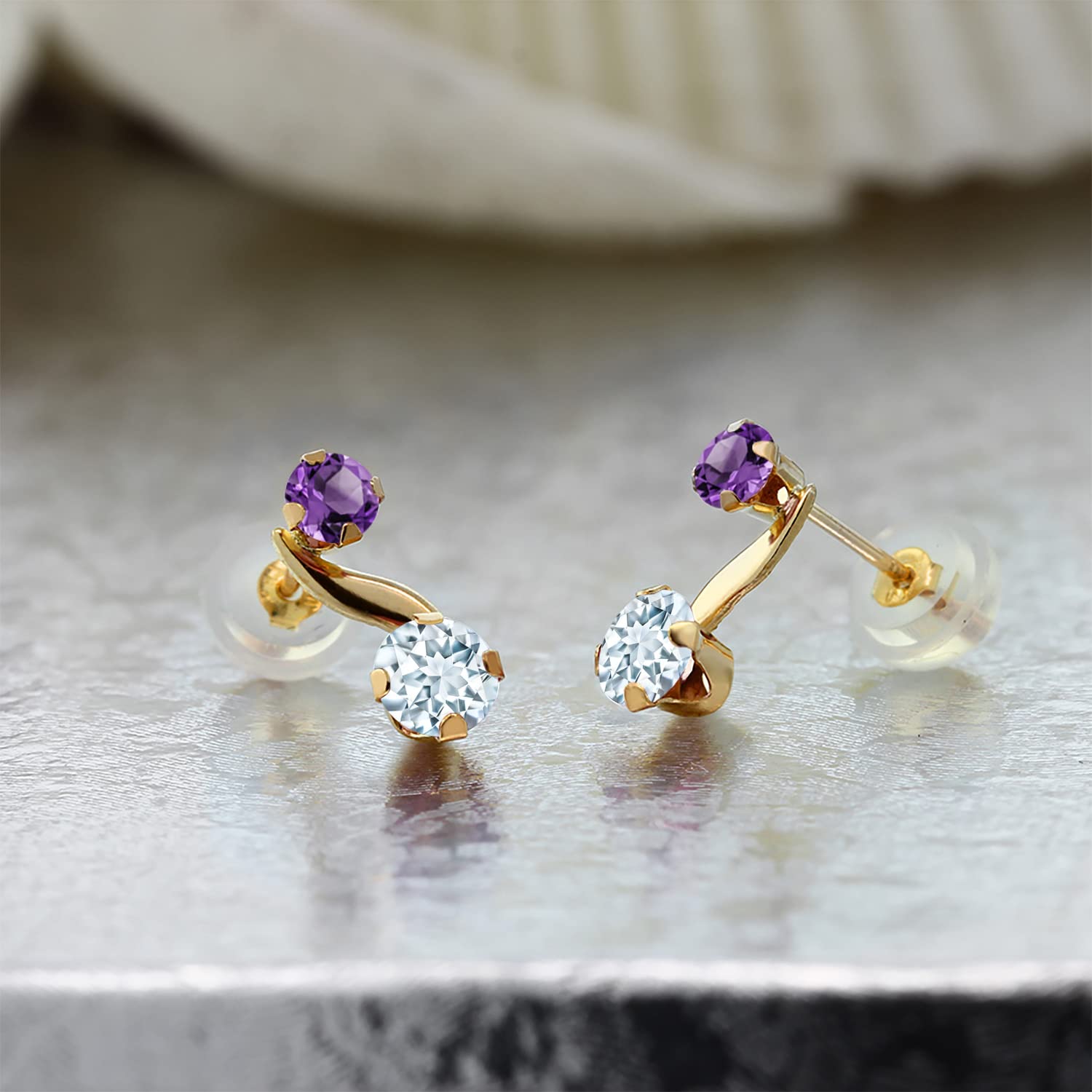 Gem Stone King 14K Yellow Gold Sky Blue Aquamarine and Purple Amethyst Earrings For Women |0.64 Cttw | Gemstone Birthstone | Round 4MM and 3MM