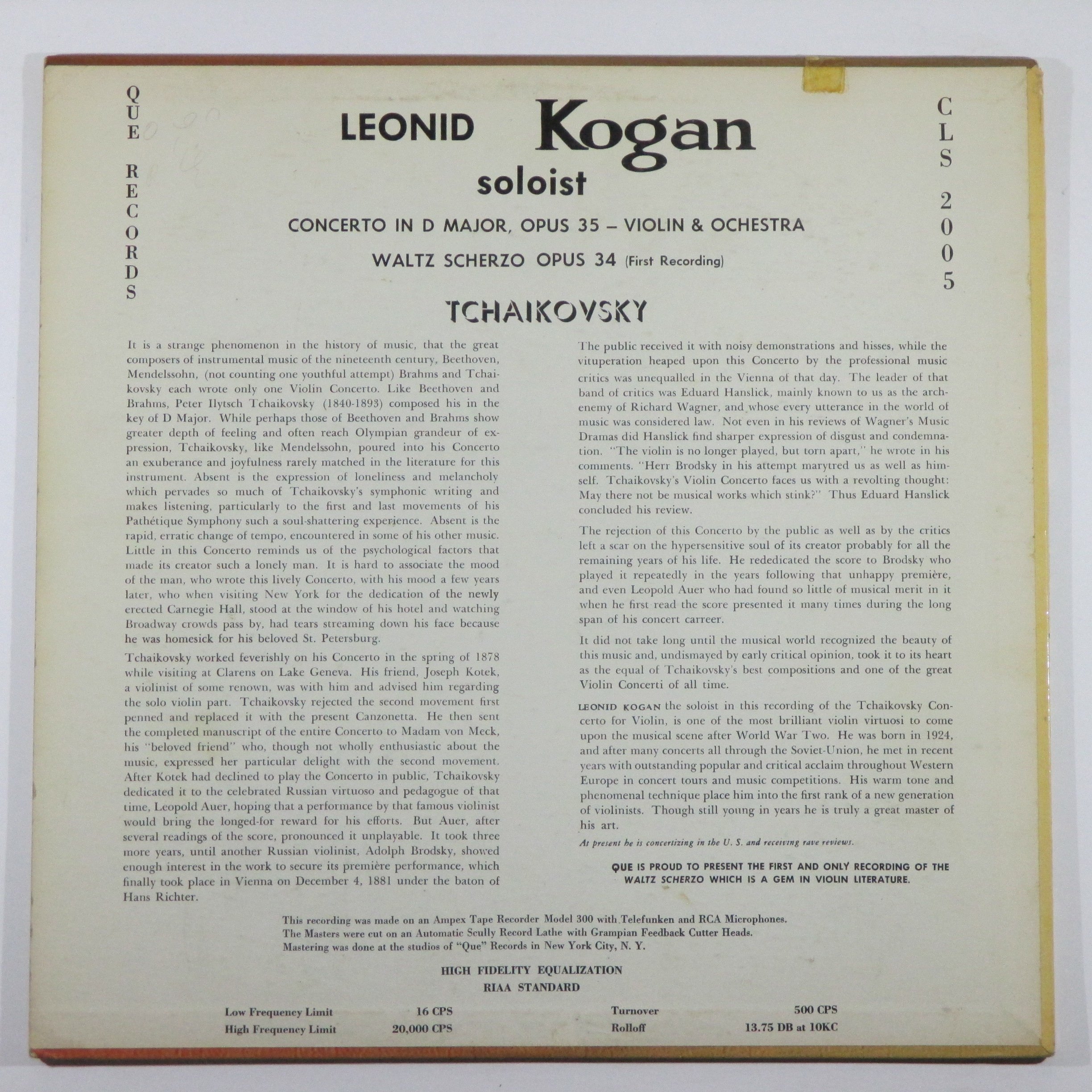 Leonid Kogan, Soloist - Tchaikovsky: Violin Concerto in D Major Opus 35 / Waltz Scherzo / Alexander Gauk Conducting The Paris National Symphony Orchestra